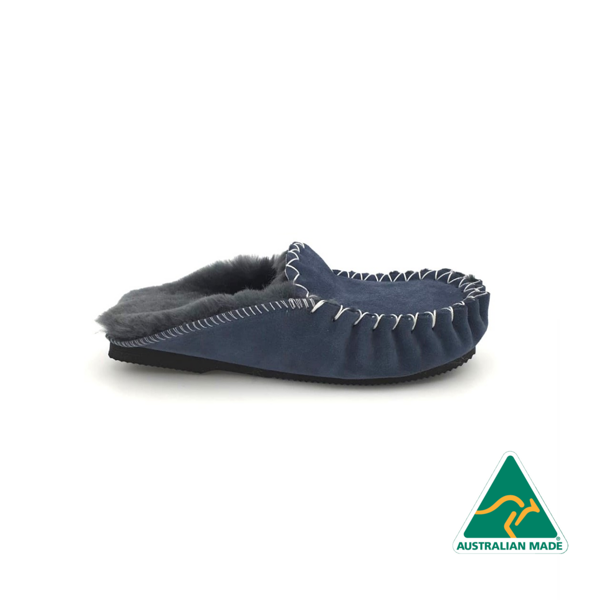 Blue & Charcoal Moccasin Scuffs – Mickey's Moccasins & Sheepskin Products